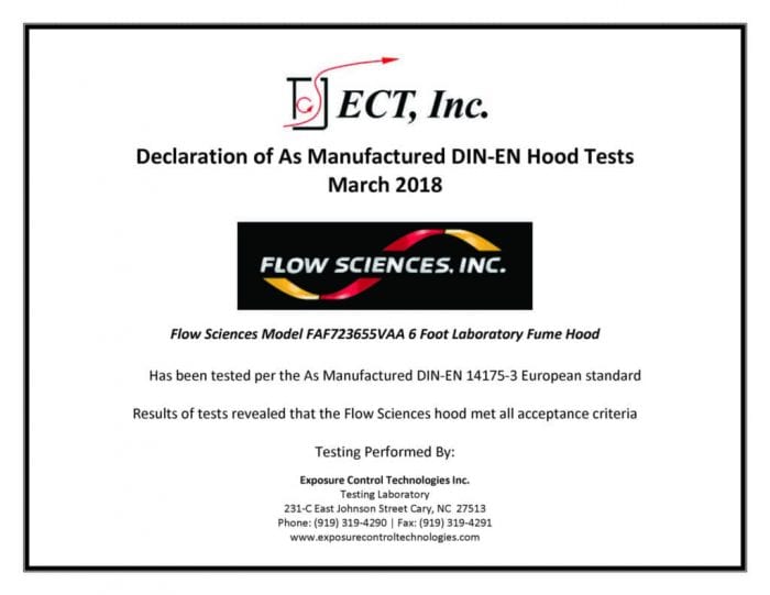 Flow Sciences, Inc.’s SAF T FLOW™ Fume Hood Receives Outstanding 3rd-Party Certified EN14175 ...